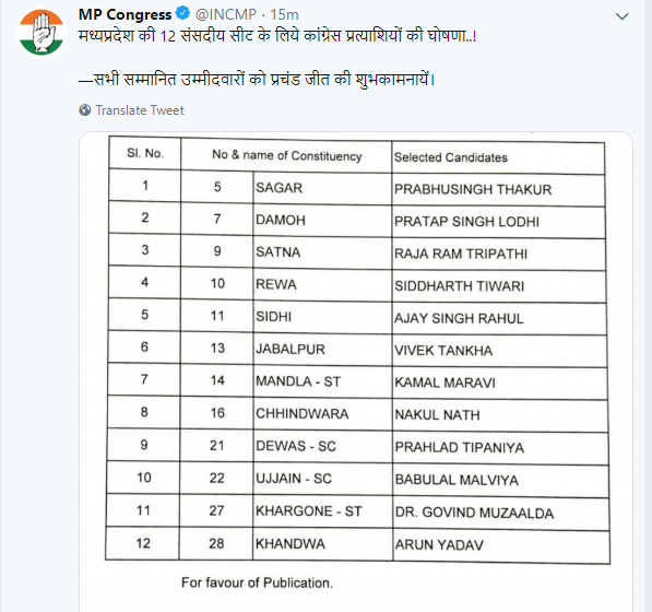मध्यप्रदेशः कांग्रेस की दूसरी लिस्ट जारी, सीएम कमलनाथ के बेटे को ...
