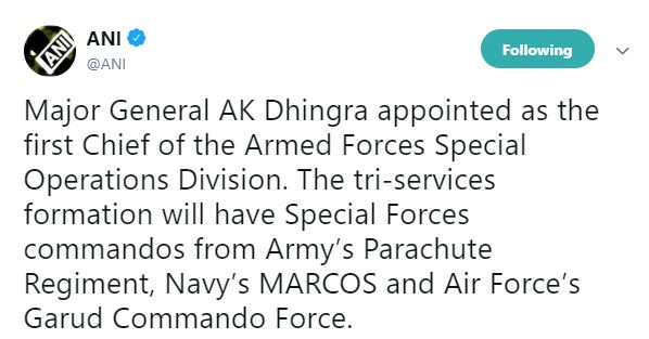 मेजर जनरल एके ढींगरा को बनाया गया आर्म्ड फोर्सेज स्पेशल आपरेशंस डिवीजन ...