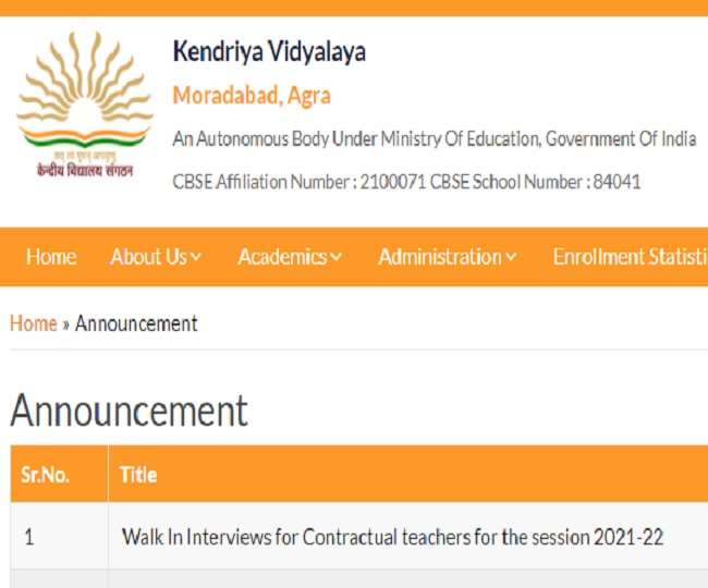 KVS Contractual Teacher Vacancy 2021: केंद्रीय विद्यालय मुरादाबाद में ... KVS Contractual Teacher Vacancy 2021: केंद्रीय विद्यालय मुरादाबाद में ...