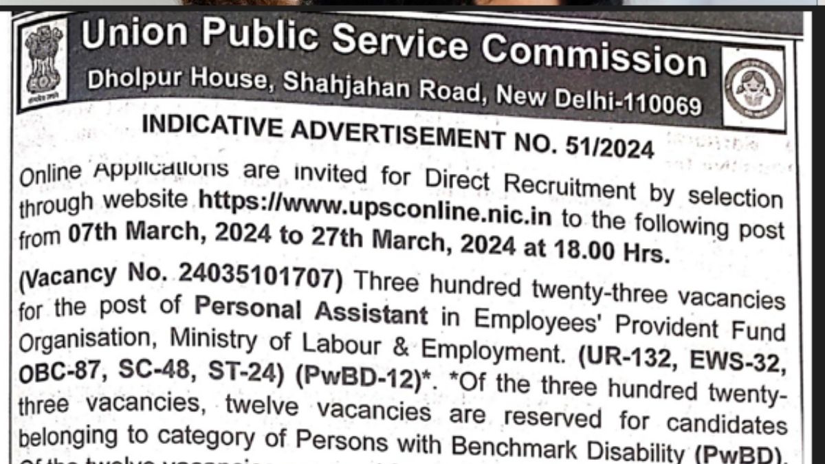 UPSC EPFO PA Recruitment 2024: यूपीएससी ने पीए के पदों पर निकाली भर्ती ...