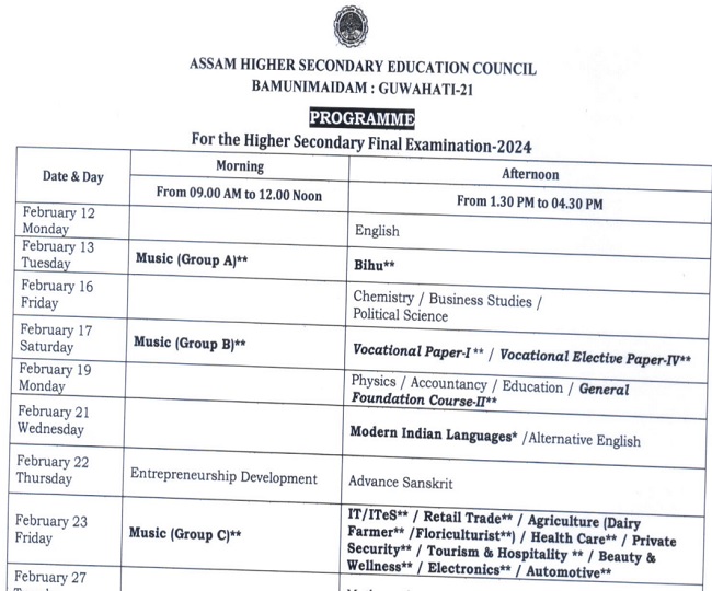 Assam HS Exam Date Sheet 2024: असम 12वीं बोर्ड परीक्षा के लिए टाइम टेबल ...