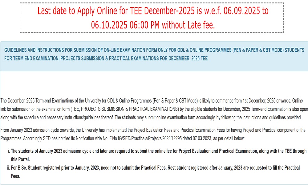 IGNOU TEE Dec 2025: इग्नू दिसंबर टर्म एंड एग्जामिनेशन के लिए आवेदन ...