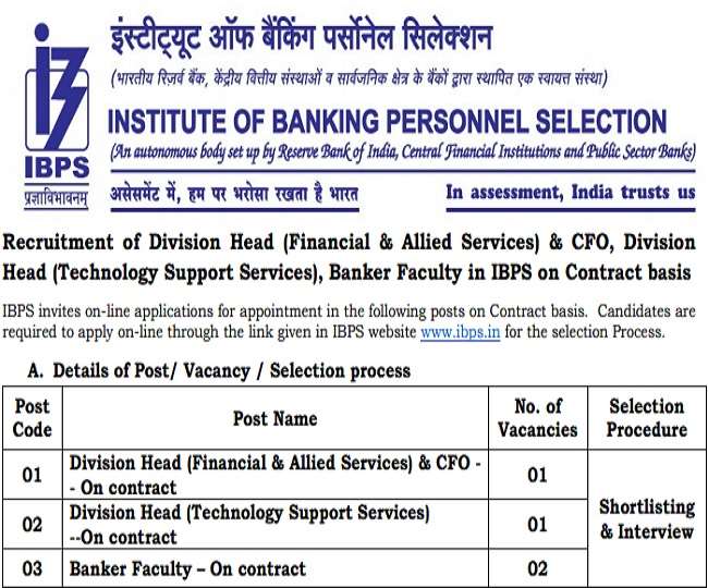IBPS Recruitment 2020: बैंकर फैकल्टी एवं डिविजनल हेड पदों के लिए आज से ...
