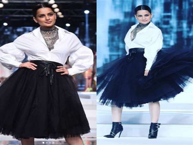 Kangana Ranaut Ramp Walk व्हाइट शर्ट-ब्लैक स्कर्ट में कंगना ने रैंप पर ...