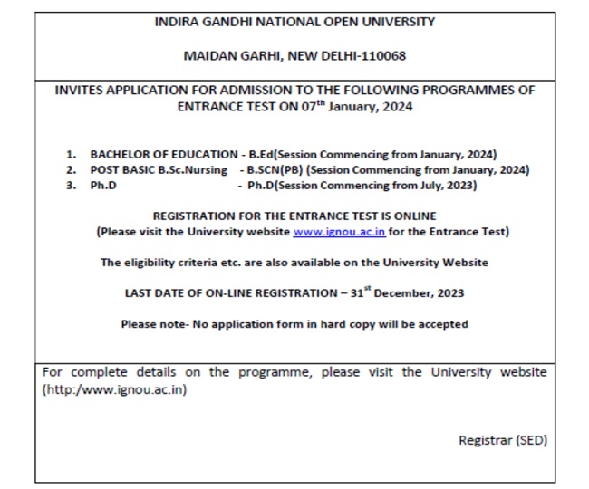IGNOU Admission 2024: इग्नू में बीएड, पीएचडी व बीएससी नर्सिंग दाखिले के ...