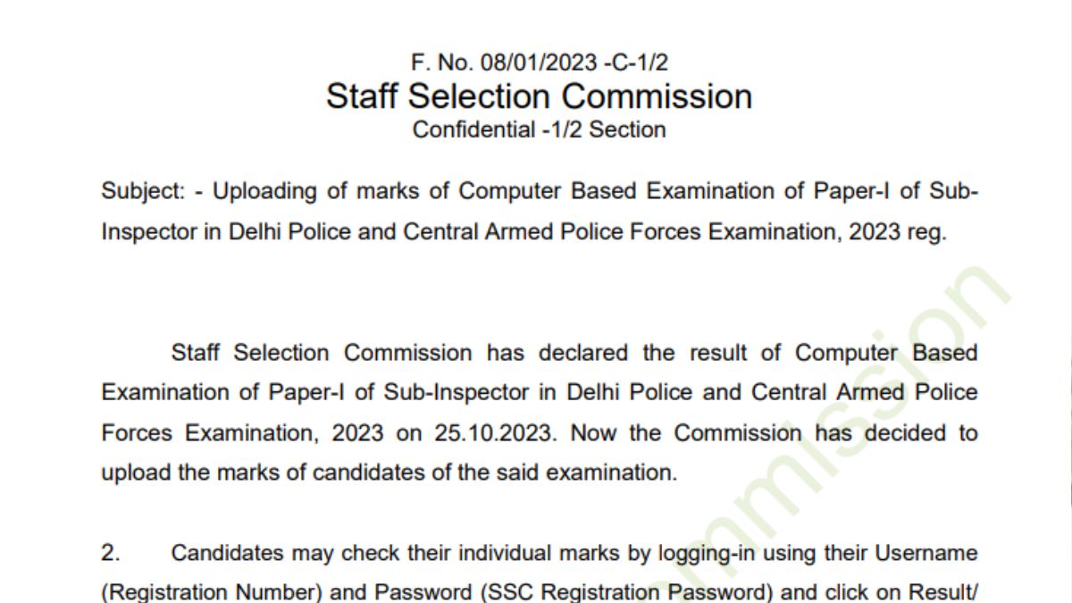 SSC Delhi Police SI, CAPF Marks 2023: जारी हुए दिल्ली पुलिस और CAPF SI ...