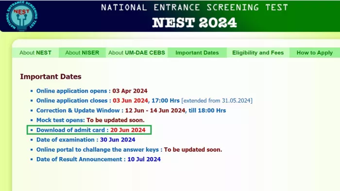 NEST Admit Card 2024: नेशनल एंट्रेंस स्क्रीनिंग टेस्ट के लिए एडमिट कार्ड आज से करें डाउनलोड ...