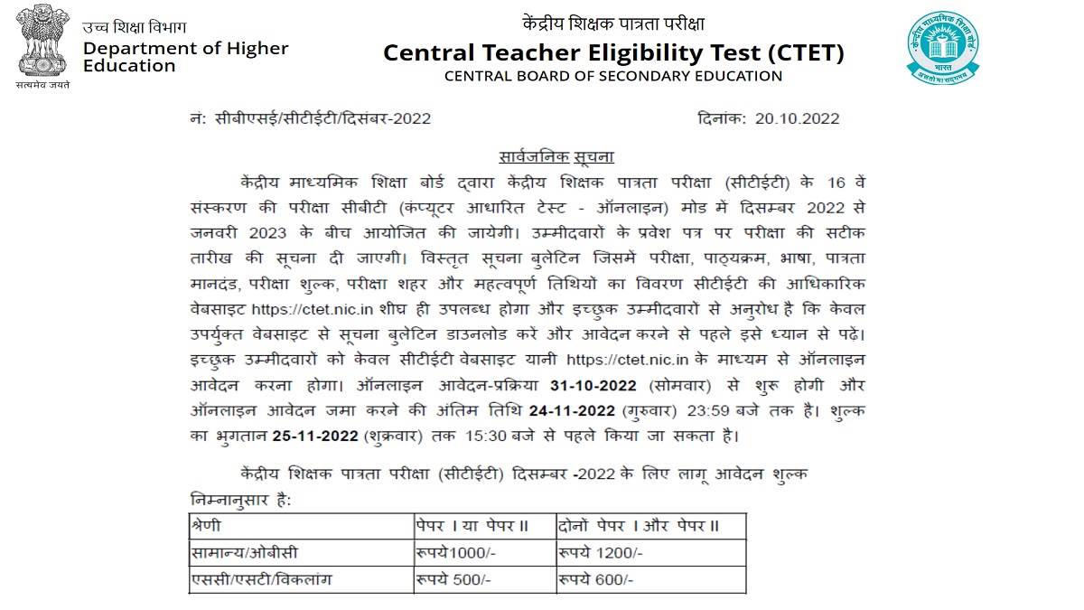 CTET 2022 Notification: सीटीईटी के लिए अधिसूचना CBSE ने जारी की ...