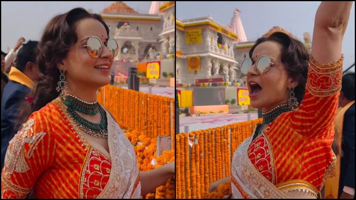 Ram Mandir प्राण प्रतिष्ठा में Kangana Ranaut ने पुष्प वर्षा के बीच ...
