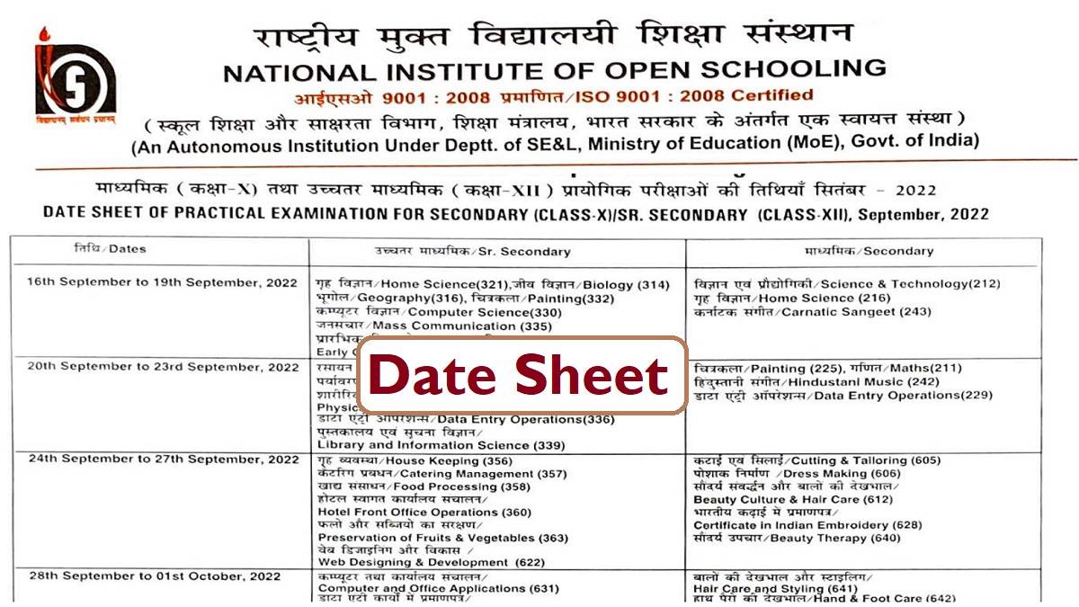 Nios Date Sheet 2022 16 सितंबर से होंगे 10वीं 12वीं के प्रैक्टिकल एग्जाम विषयवार तारीखों के लिए 