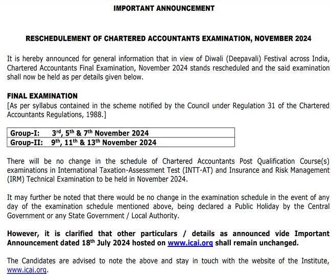 CA Final Exam Dates Nov 2024: ICAI ने दिवाली के चलते सीए फाइनल ...