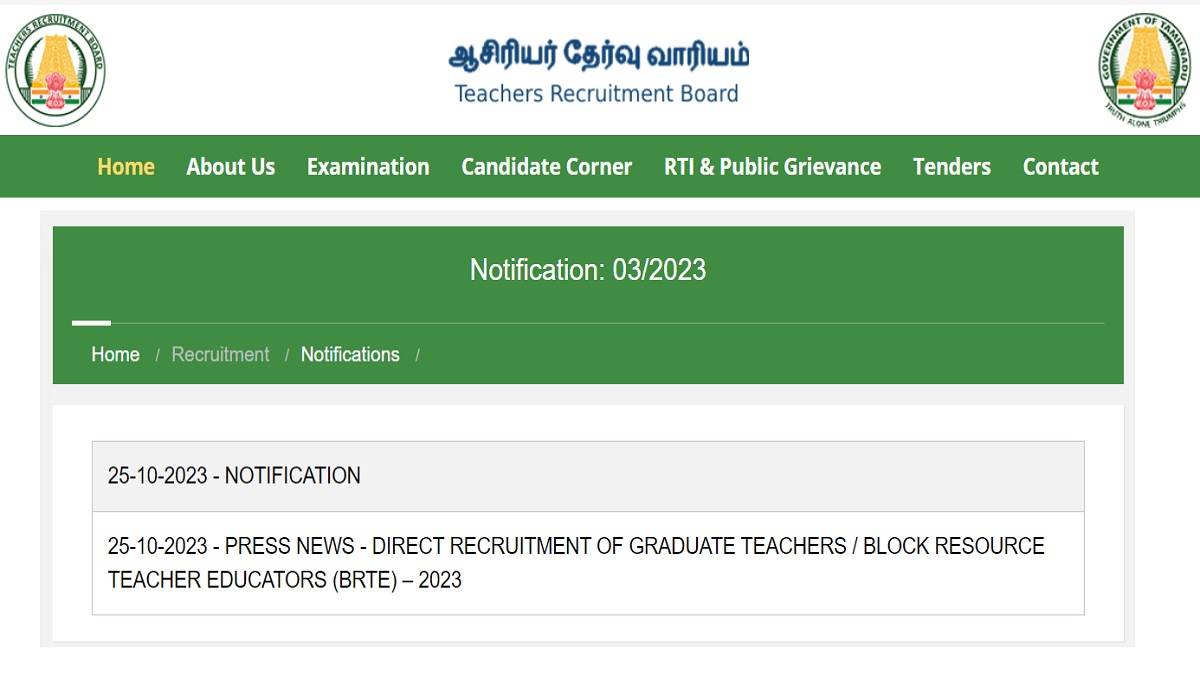 TN TRB Notification 2023: टीचर रिक्रूटमेंट बोर्ड ने जारी किया 2222 ग्रेजुएट टीचर और BRTE भर्ती ...