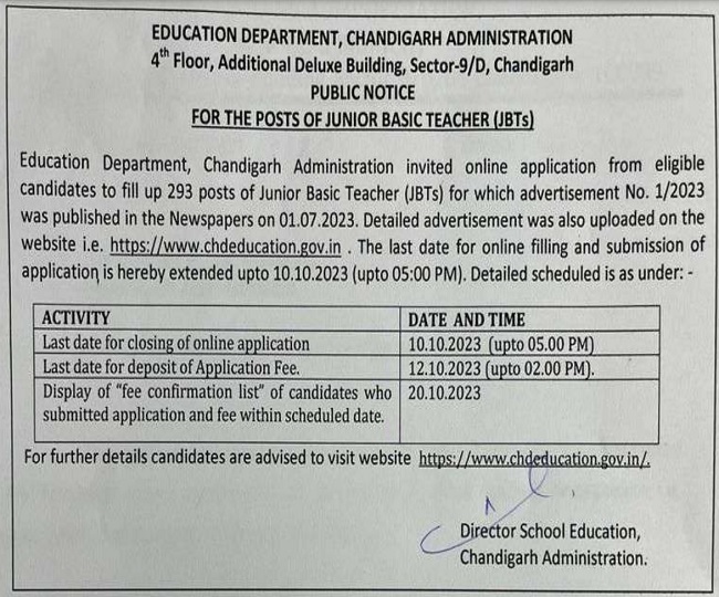 Chandigarh JBT Recruitment 2023: अब 10 अक्टूबर तक करें 293 चंडीगढ़ ...