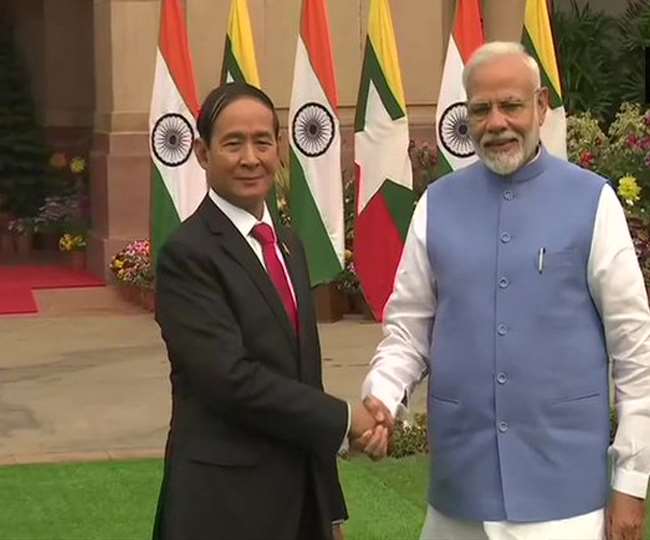 म्यांमार के राष्ट्रपति यू विन मियंट ने हैदराबाद हाउस में की ...